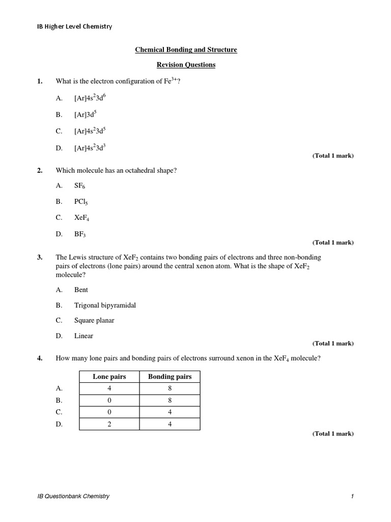 IB Chemistry: Chemical Bonding Quiz | PDF | Chemical Bond | Molecular ...