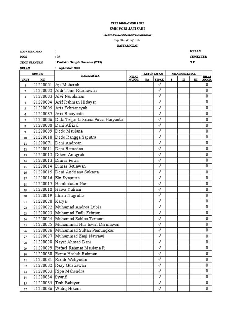 Format Nilai Uts 20-21 | PDF