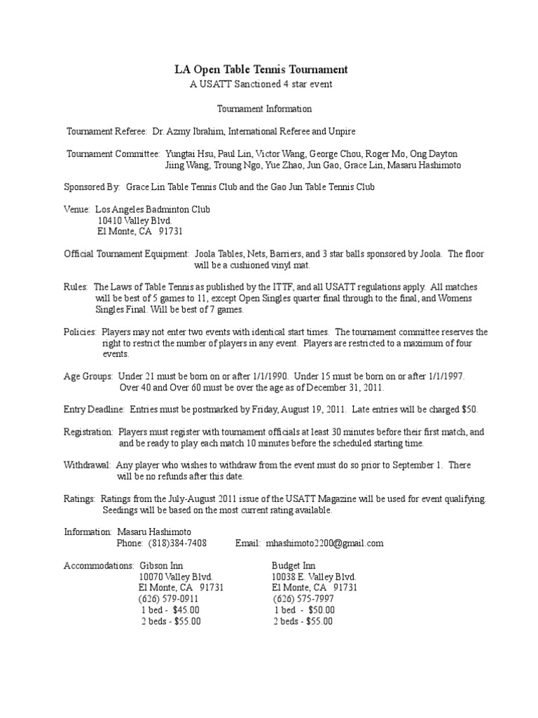 LA Open Table Tennis Tournament 2011 | Download Free PDF | Sports ...