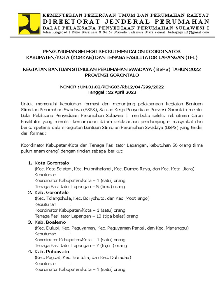 Pengumuman Perekrutan BSPS Gorontalo 2022 | PDF