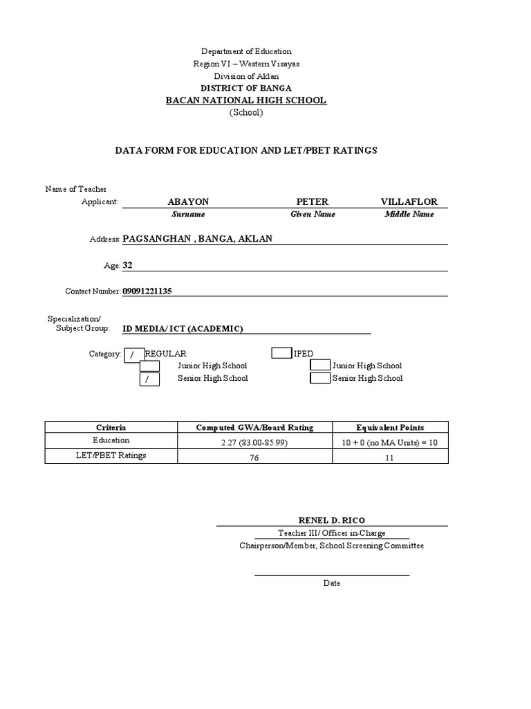 Data Form For Secondary | PDF
