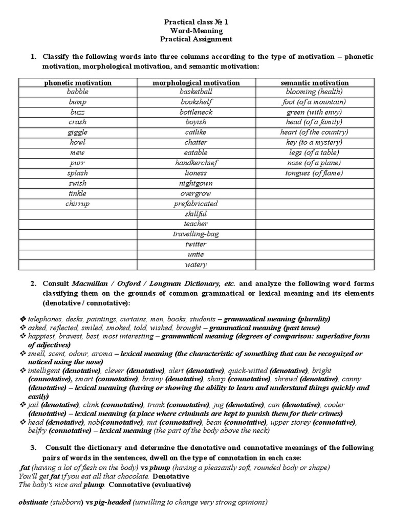 Practical Class 1. Word Meaning | PDF | Linguistics | Cognitive Science
