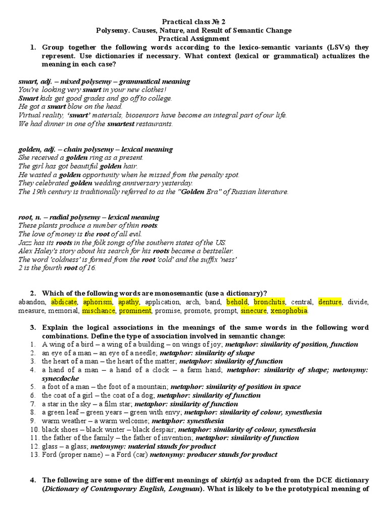 Practical Class 2. Polysemy. Semantic Change | PDF | Metaphor | Word