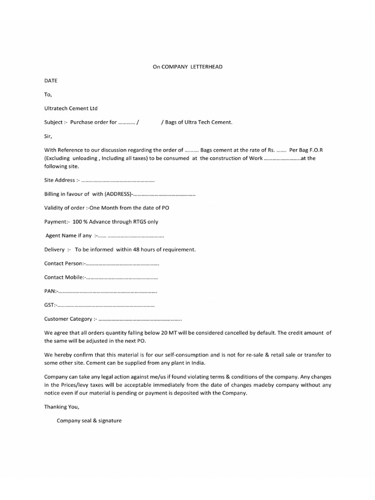 Ultratech Cement Order Format | PDF