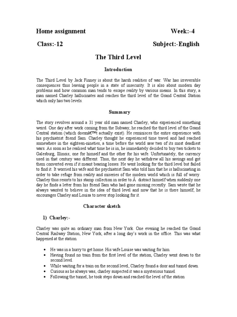 Home Assignment Week:-4 Class:-12 Subject:-English The Third Level | PDF