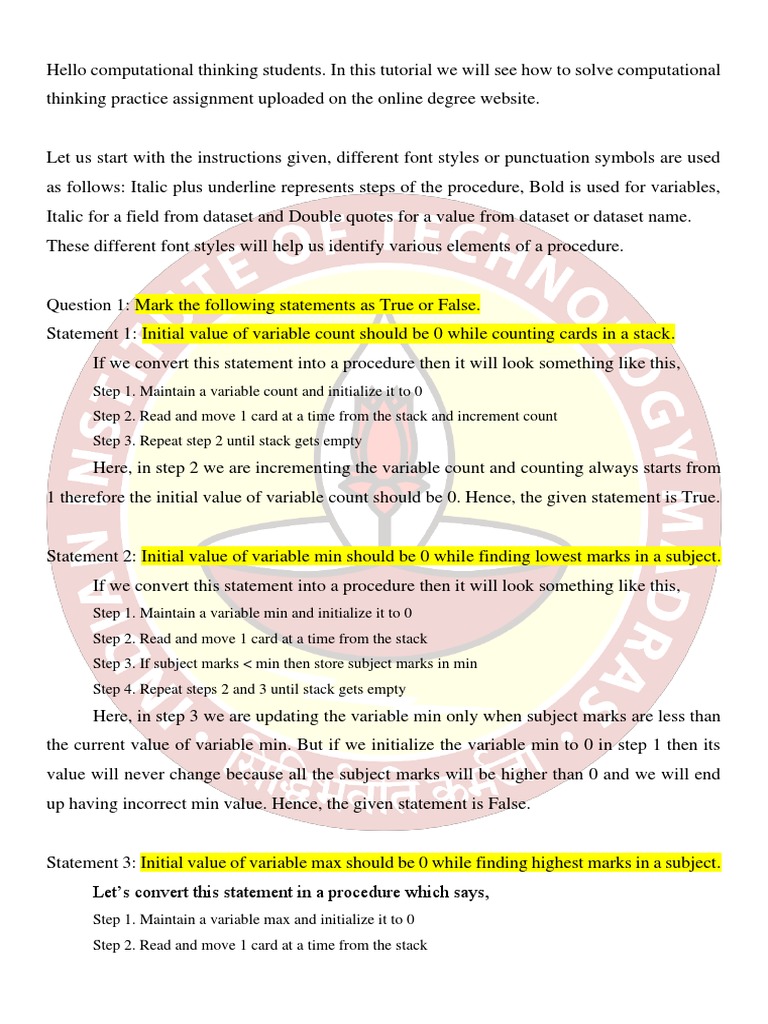Computational Thinking Tutorial On Solving Practice Assignments Pdf Subroutine Variable 4189