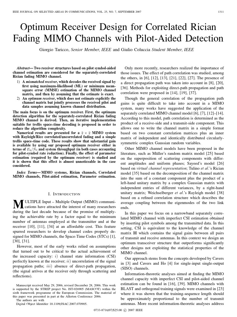 Optimum Receiver Design For Correlated Rician Fading MIMO Channels With Pilot-Aided Detection ...