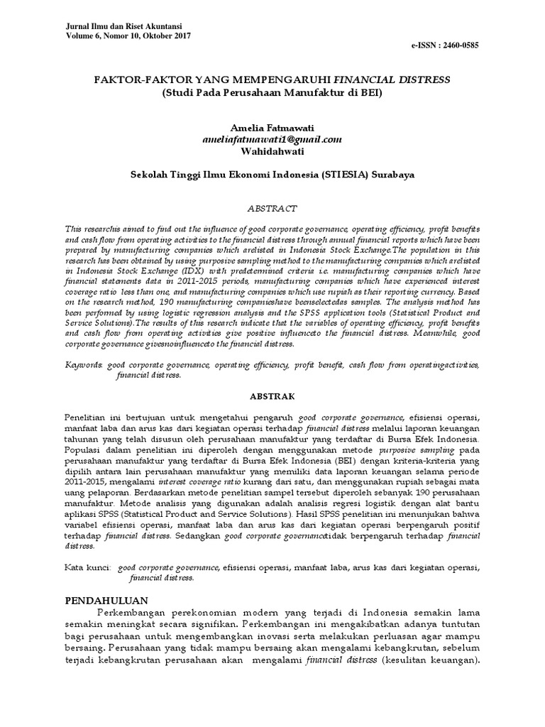 Faktor-Faktor Yang Mempengaruhi Financial Distress (Studi Pada Perusahaan Manufaktur Di BEI ...