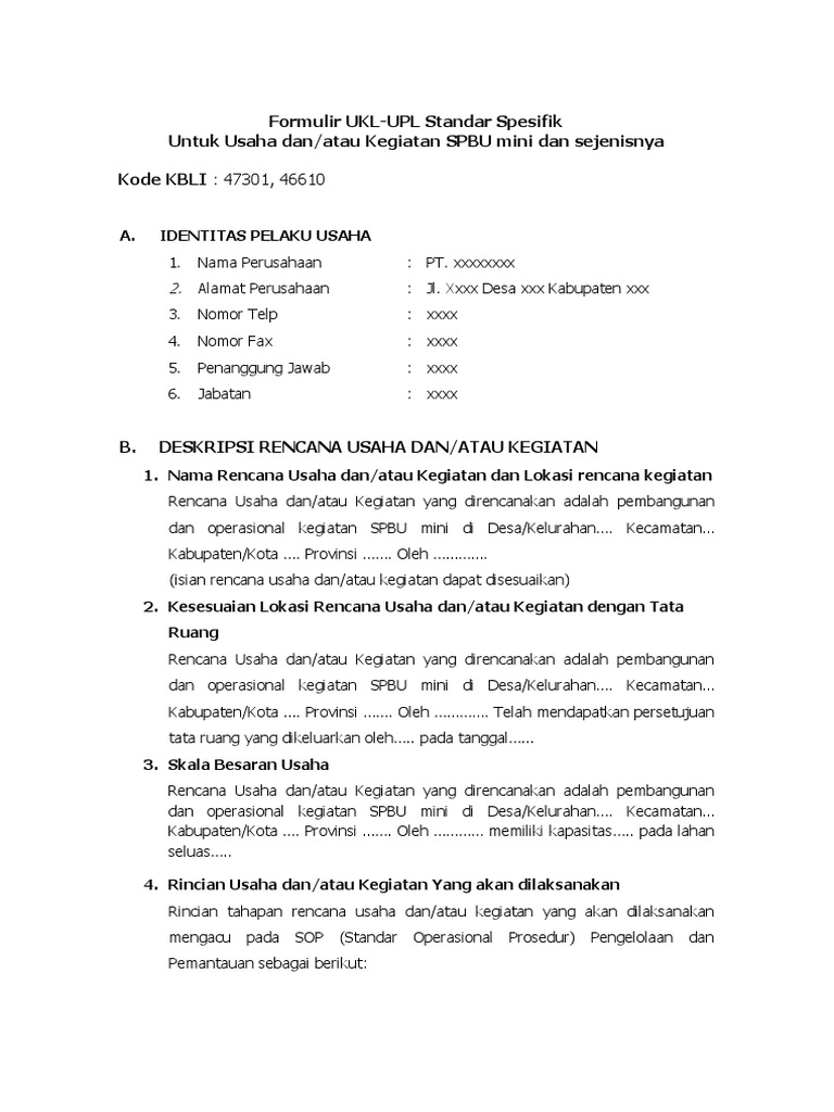 11 - Template Formulir UKL-UPL Standar Spesifik SPBU Mini - Final | PDF