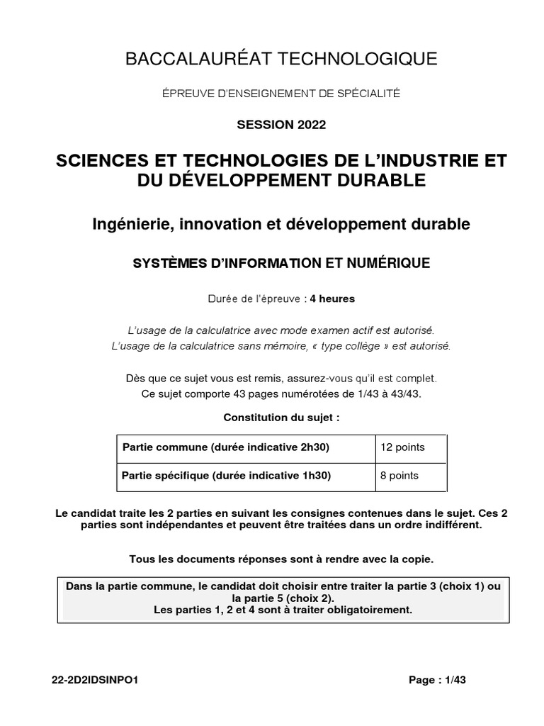 BAC STI2D 2022 - Systèmes D'information Et Numérique Polynésie | PDF