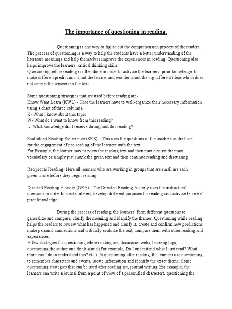 The Importance of Questioning in Reading | PDF | Cognitive Science ...