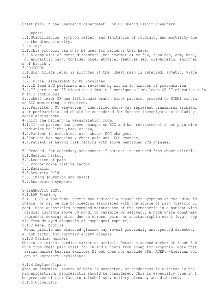 Chest Pain Protocol in ED | PDF | Myocardial Infarction | Internal Medicine