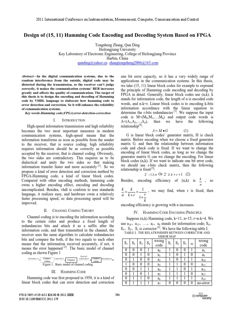 Design of (15, 11) Hamming Code Encoding and Decoding System Based On ...