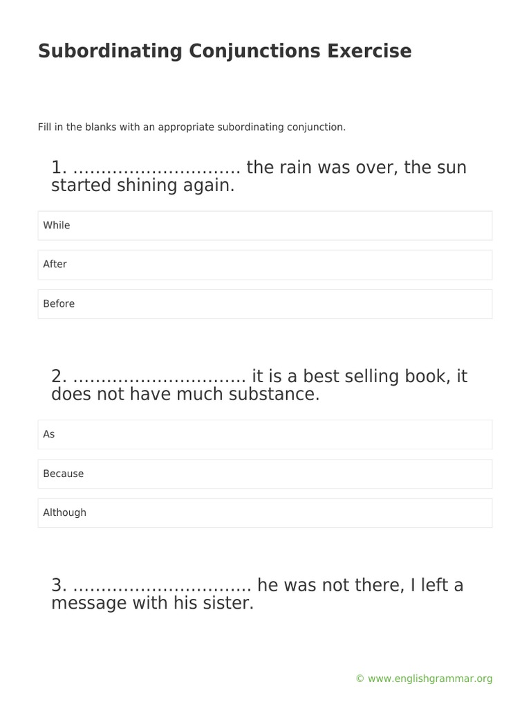 Subordinating Conjunctions Exercise | PDF