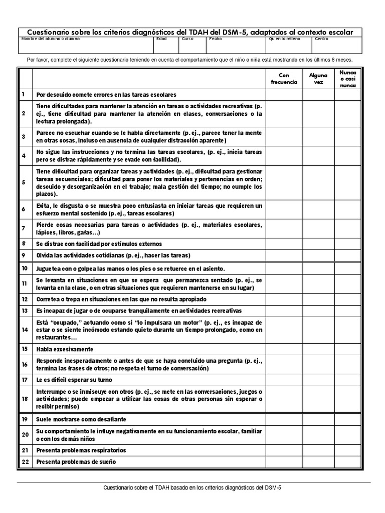 2 Cuestionario Sobre Los Criterios Diagnósticos Del TDAH Del DSM 5 ...
