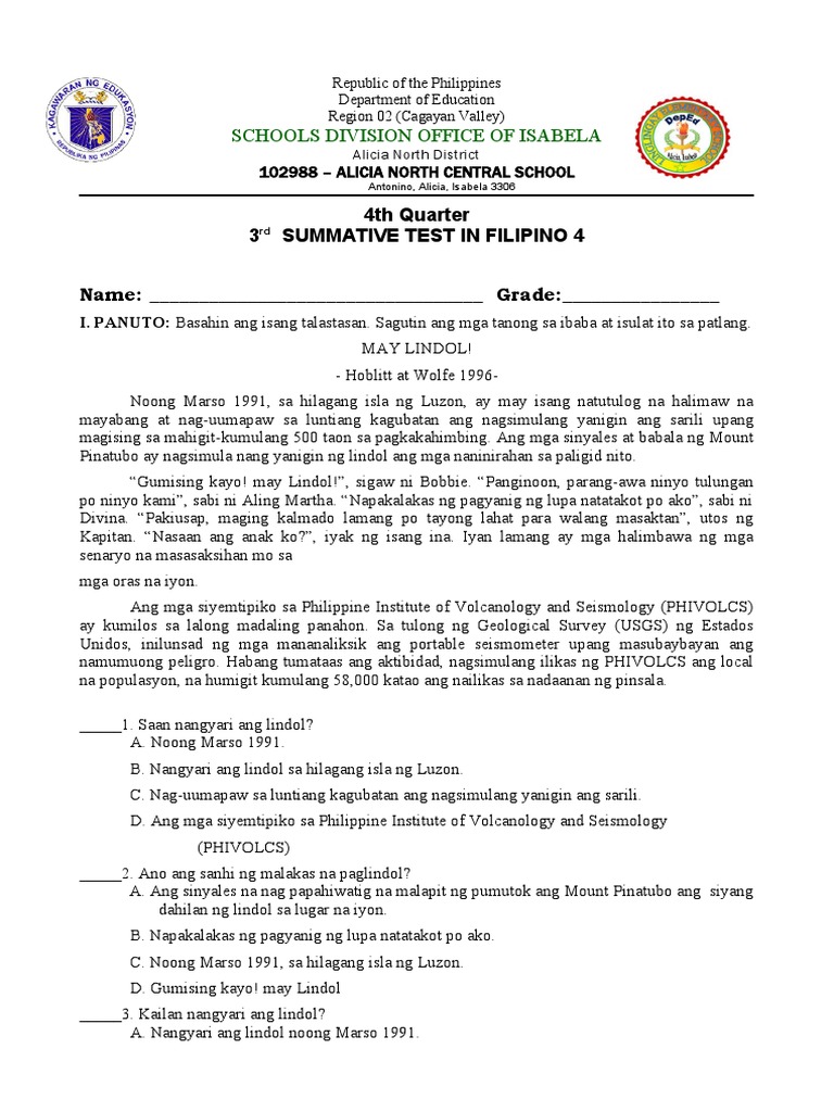 4th Quarter Summative Test No.3 in FILIPINO 4 | PDF