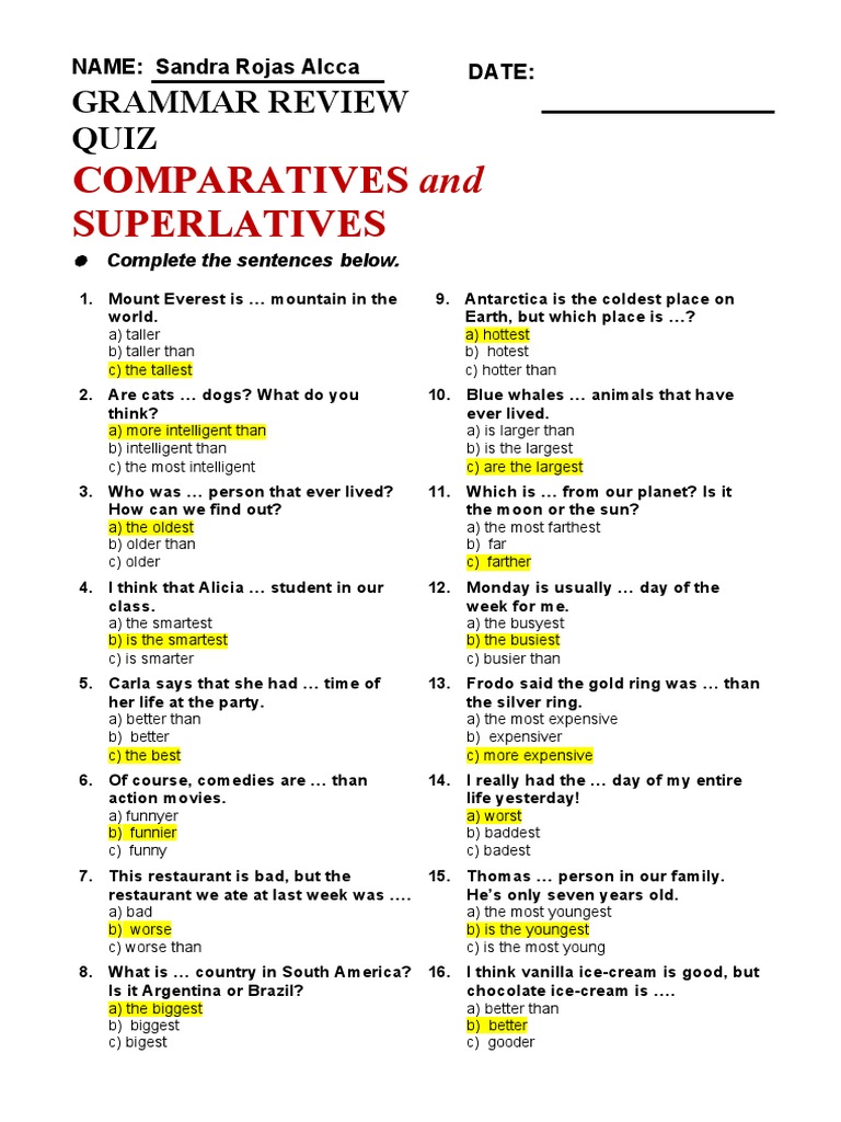 Comparatives and Superlatives: Grammar Review Quiz | PDF