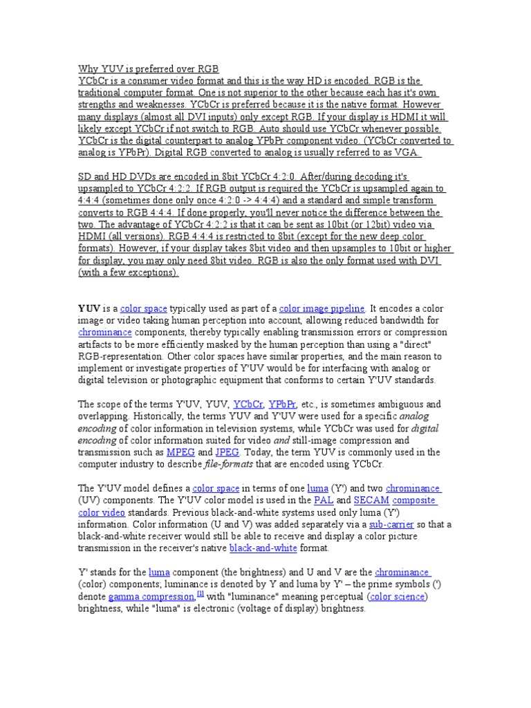 YUV vs RGB: Video Format Preferences | PDF | Media Technology | Media ...