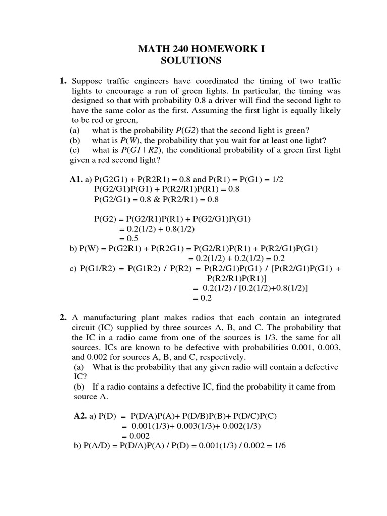 Math 240 Homework I Solutions: 1. Suppose Traffic Engineers Have ...