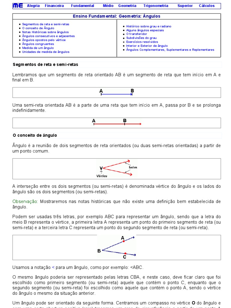 Segmentos de reta e semi-retas: Ensino Fundamental: Geometria: Ângulos