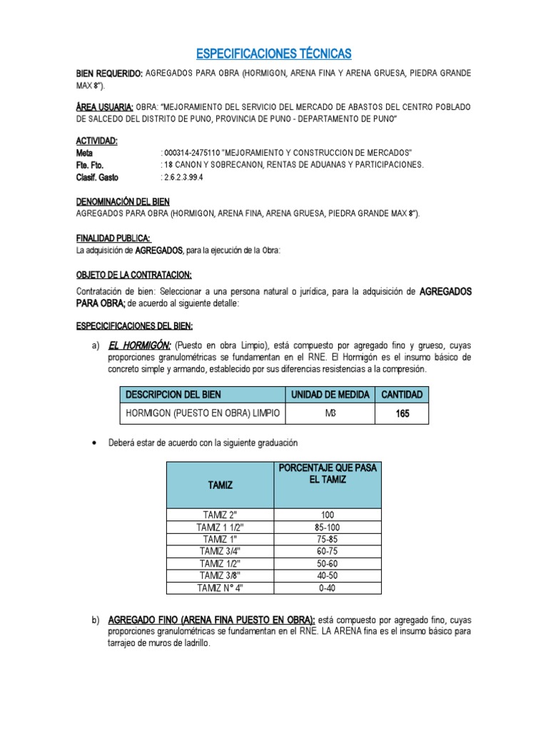05.-Especificaciones Técnicas de Hormigon, Arena (Fina y Gruesa) | PDF | Hormigón