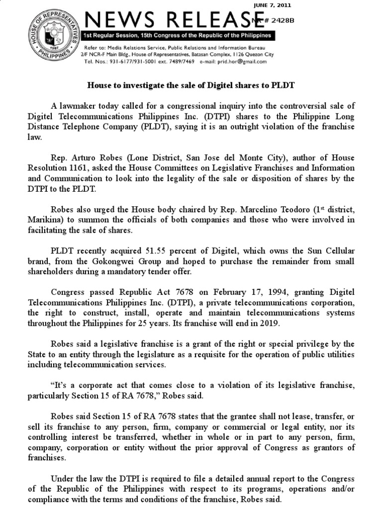 House Inquiry into PLDT-Digitel Sale | PDF | Business | Telecommunications