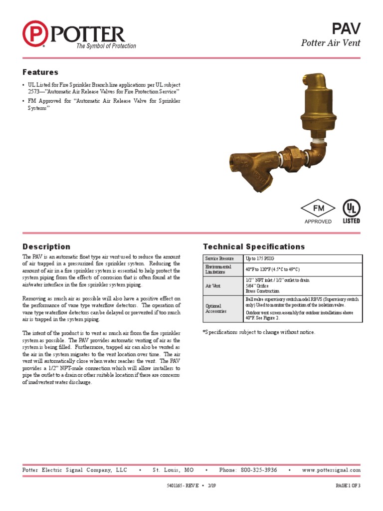 Potter Air Relief Valve - 5401165 - Pav | PDF | Fire Sprinkler System ...
