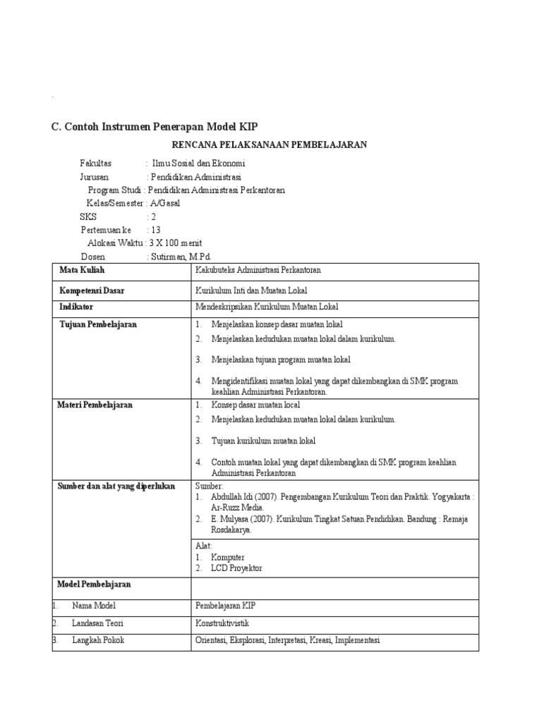 Contoh Instrumen Penerapan Model KIP | PDF