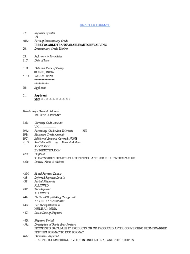 Draft LC Format | PDF | Finance & Money Management | Law