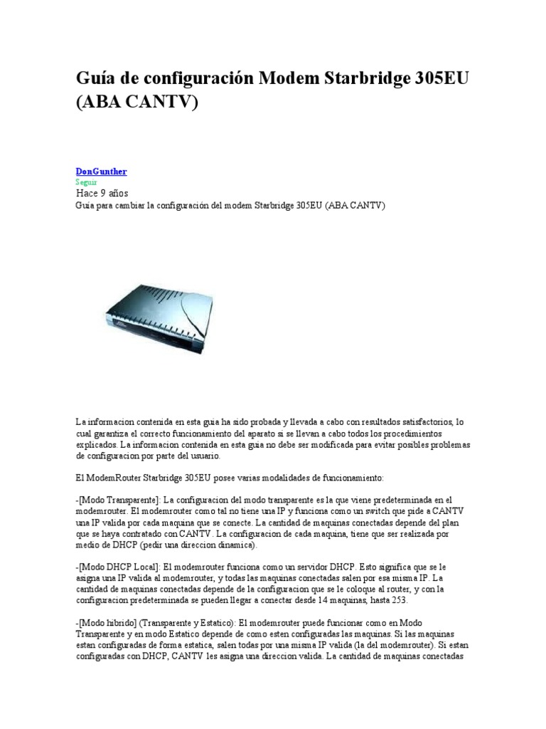 Guía de Configuración Modem Starbridge 305EU | PDF | Dirección IP ...