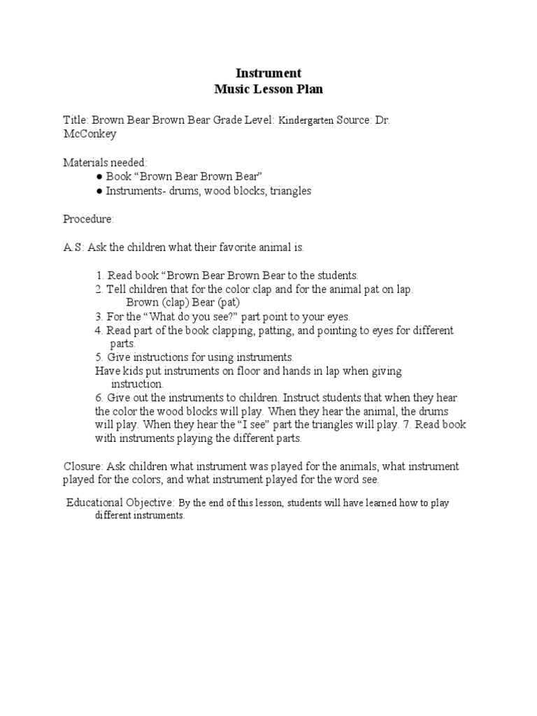 Instrument Music Lesson Plan Kindergarten PDF Education Theory 