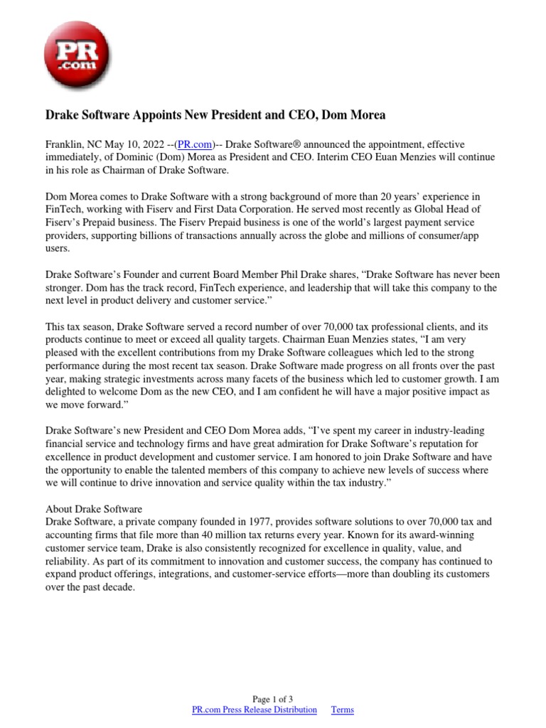 Drake Software Appoints New President and CEO, Dom Morea | PDF ...