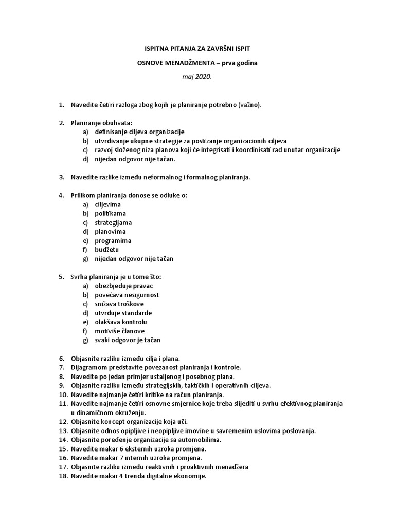 Zavrsni Ispit - Osnove Menadzmenta I - 2020 | PDF