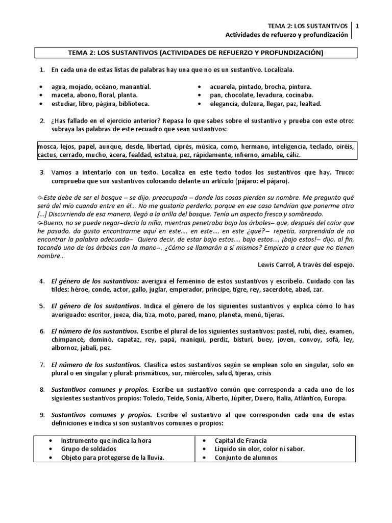 Actividades sobre Sustantivos | PDF | Sustantivo