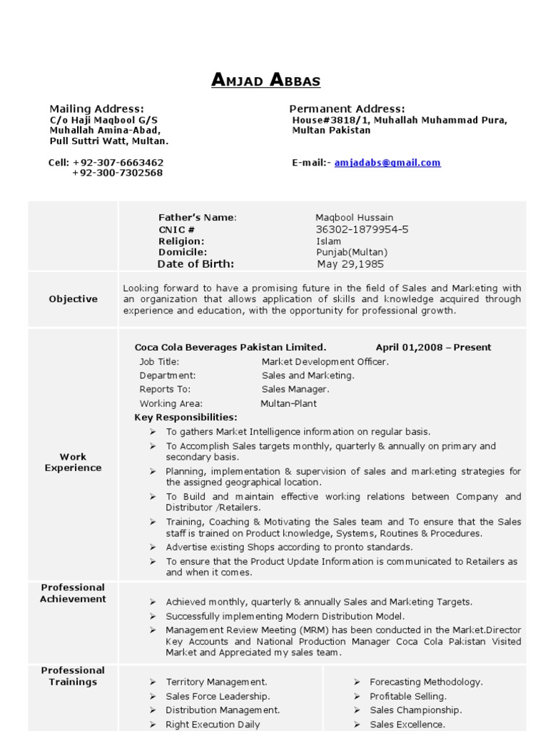 Coke Amjad Abbas Resume | PDF | Sales | Pakistan