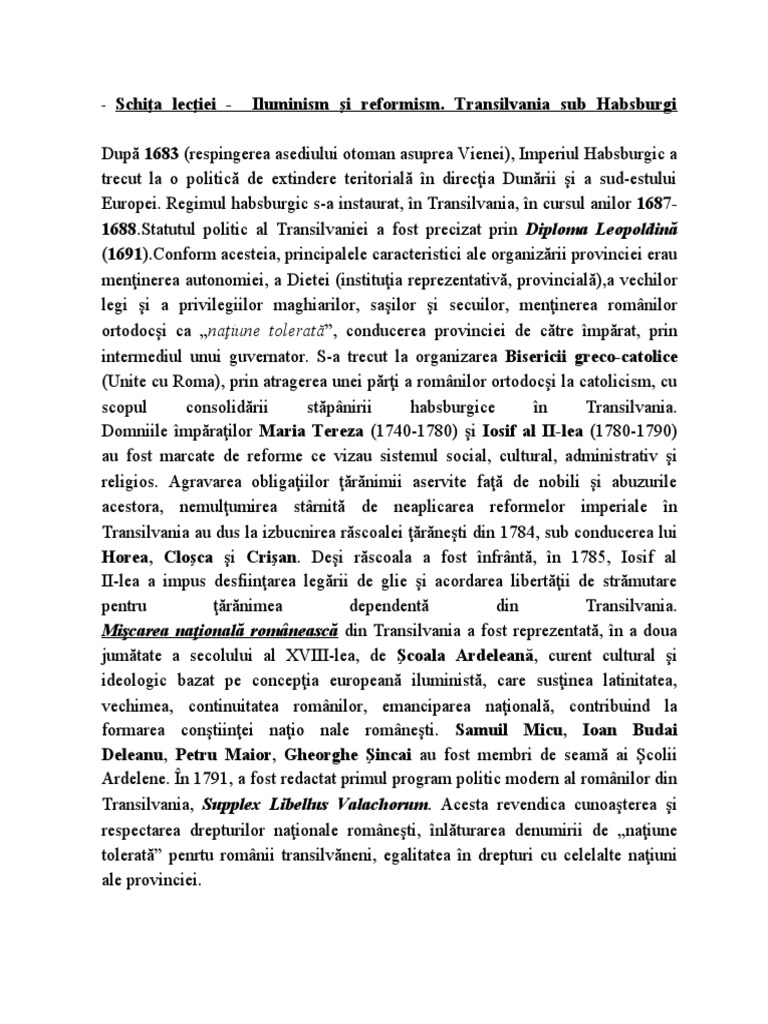 Schita Lectiei Iluminism Si Reformism. Transilvania Sub Habsburgi Cls. Viii | PDF