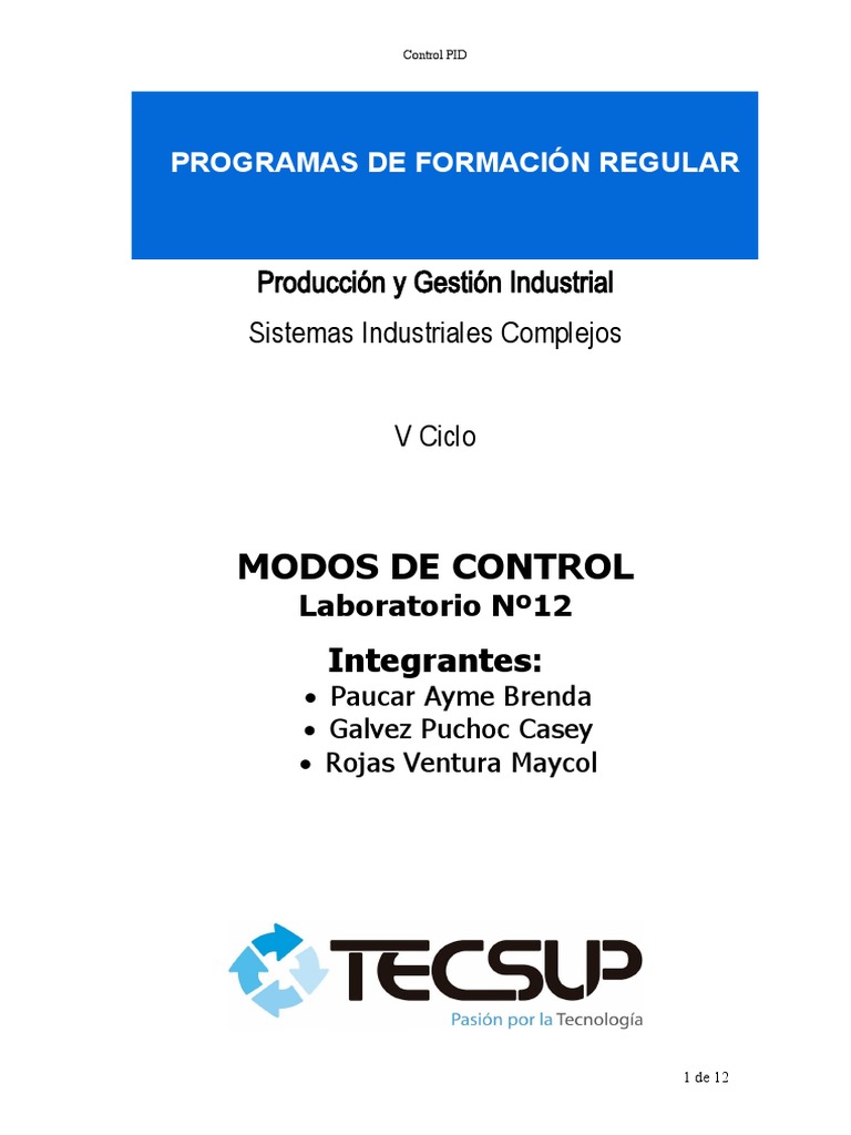 LAB12 - Modos de Control PID - GALVEZ - PAUCAR - ROJAS | PDF