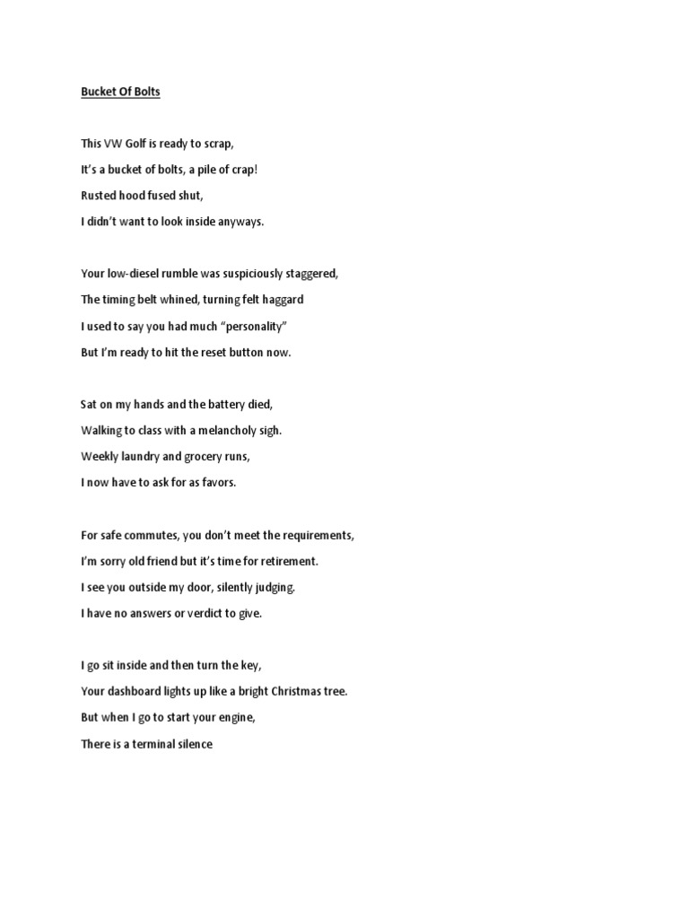 Bucket of Bolts, Poem 3 | PDF | Cooking, Food & Wine