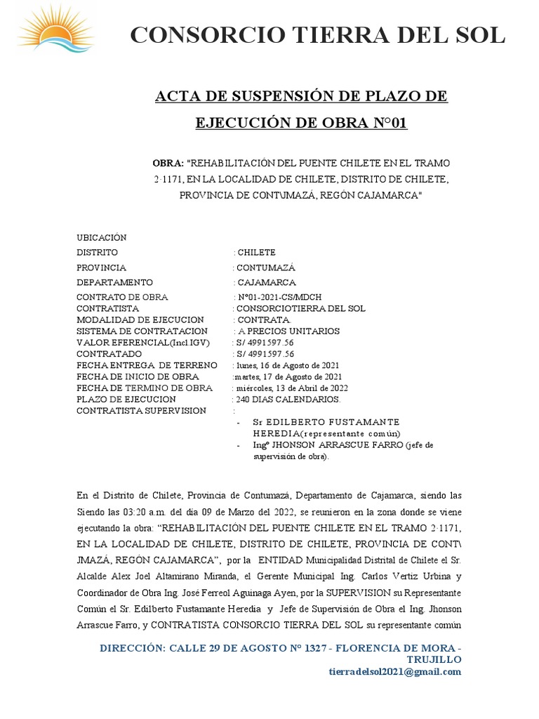Acta de Suspensión de Plazo de Ejecución de Obra n1 Okkk | PDF | Lluvia | Precipitación