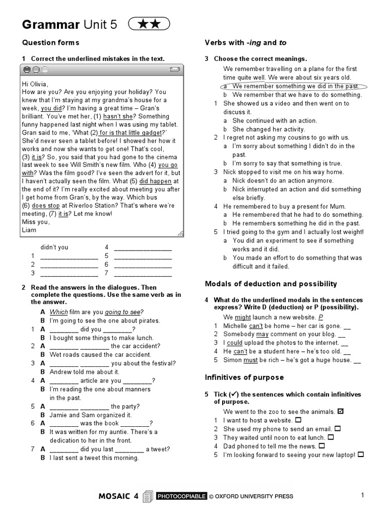 Grammar Unit 5: Question Forms Verbs With - Ing and To | PDF | Internet