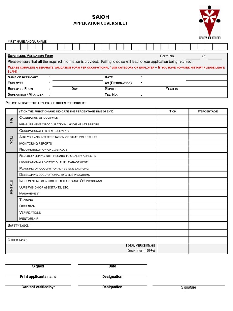 SAIOH Application Covershee | PDF | Occupational Hygiene