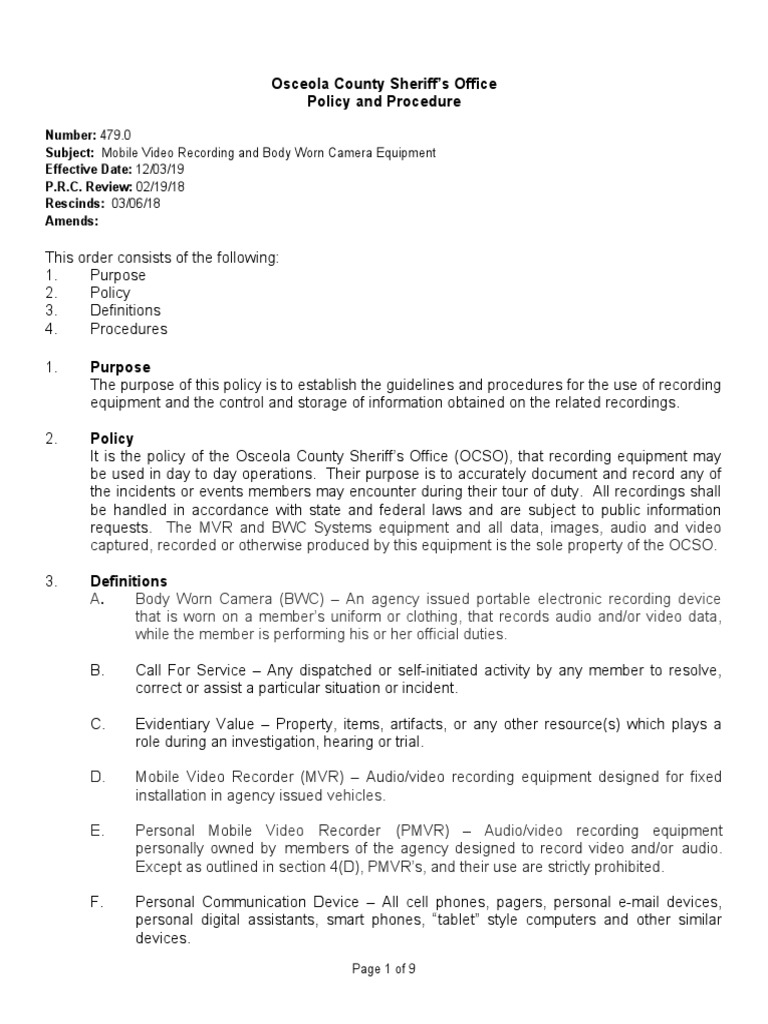 Osceola BWC Policy | PDF | Justice | Crime & Violence