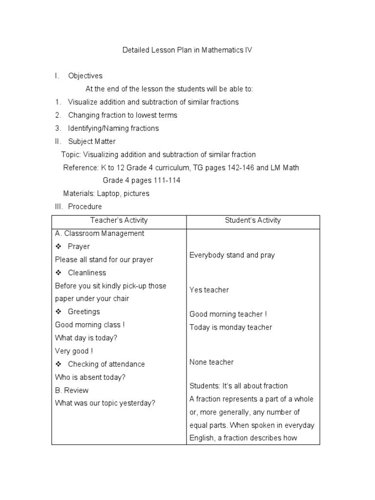 Adding and Subtracting Similar Fractions: A Detailed Lesson Plan | PDF ...