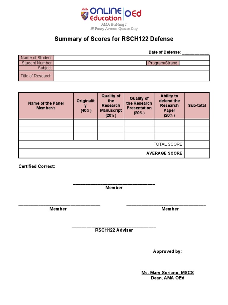 SHS RSCH122 Final Defense Rubrics | PDF