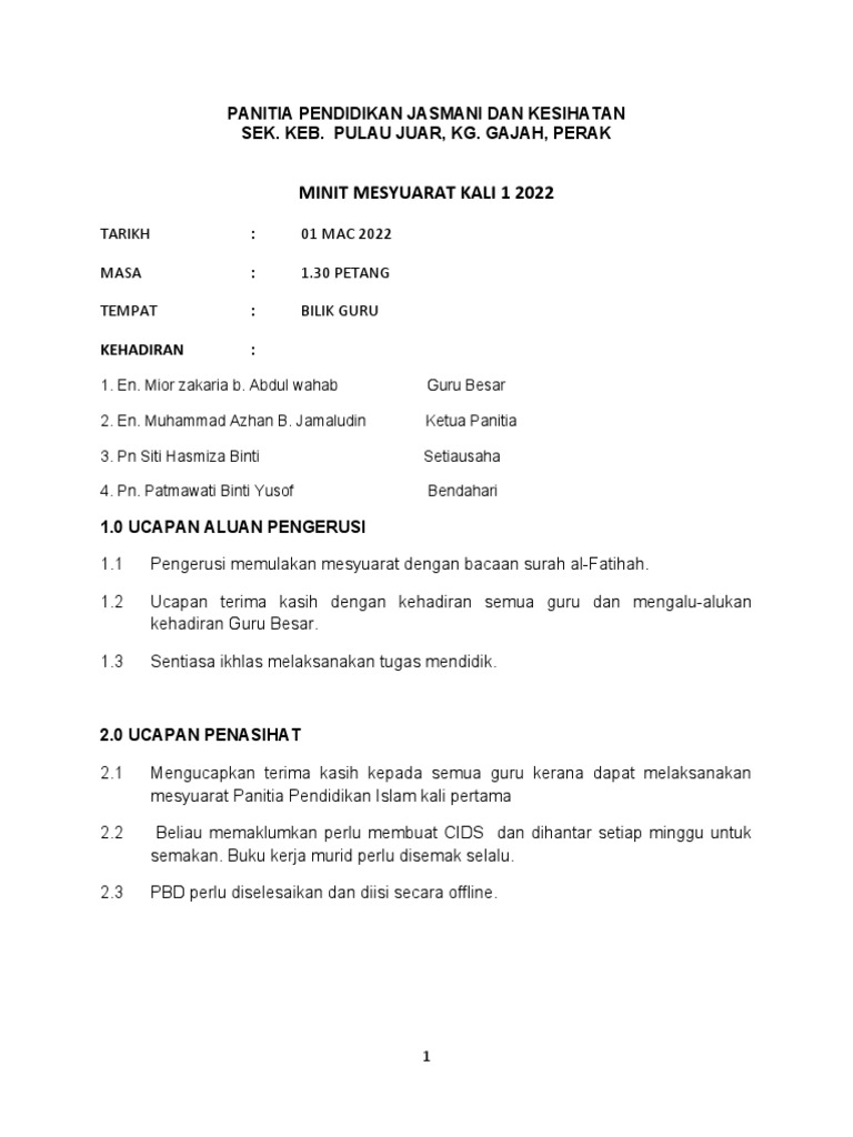 Minit-Mesyuarat PJPK KALI 1 2022 | PDF