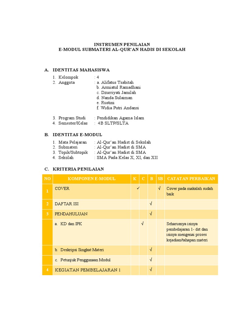 Instrumen Penilaian E-Modul Al-Qur'an Hadis Di Sekolah (PAI-4ABCD) | PDF Instrumen Penilaian E-Modul Al-Qur'an Hadis Di Sekolah (PAI-4ABCD) | PDF
