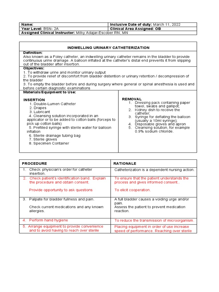 Indwelling Urinary Catheter Procedure Guide | PDF | Catheter | Urinary ...