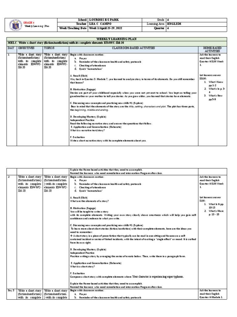 ENGLISH Weekly Learning Plan Q4 Week 1 APRIL 25 - 29, 2022 | PDF ...