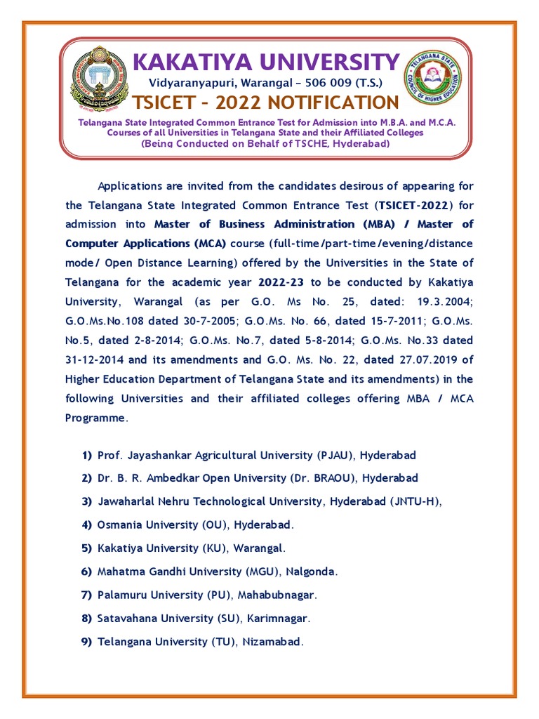 TSICET 2022 Notification for MBA/MCA | PDF | Academic Degree | Master ...