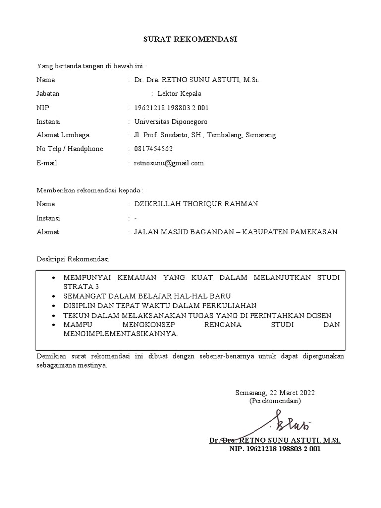 Surat Rekomendasi Pengajuan Beasiswa LPDP | PDF